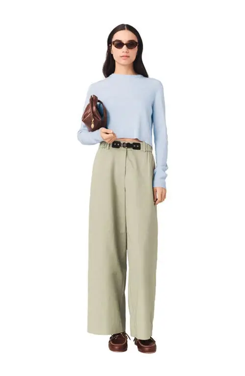Maje Wide-leg Gabardine Trousers With Buckled Belt - Khaki