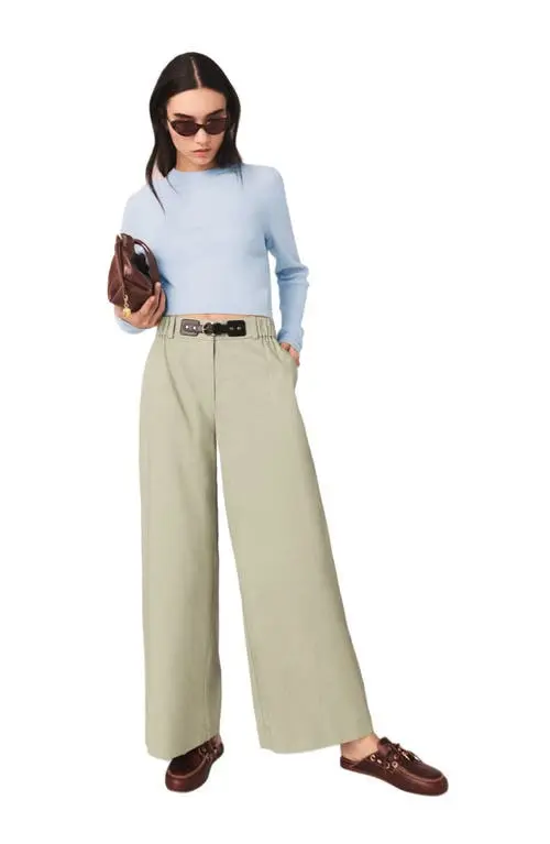 Maje Wide-leg Gabardine Trousers With Buckled Belt - Khaki