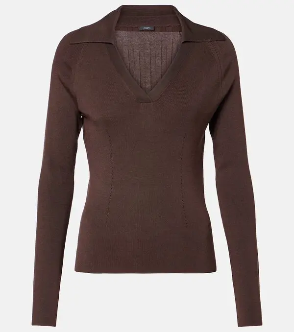 JOSEPH Ribbed-knit Polo Sweater - Brown