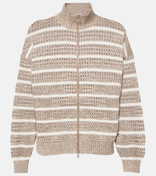 Brunello Cucinelli Sequined Striped Linen-blend Cardigan