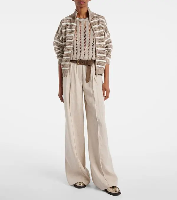 Brunello Cucinelli Sequined Striped Linen-blend Cardigan