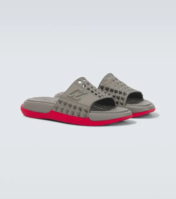 CHRISTIAN LOUBOUTIN Take It Easy Perforated Spiked Slides - Grey