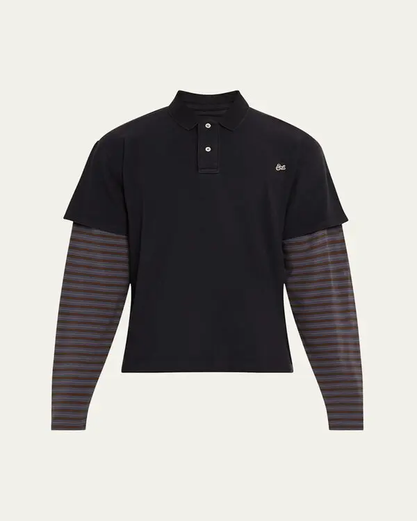 Erl Double-Layer Striped Sleeve Polo Shirt - Black | Editorialist