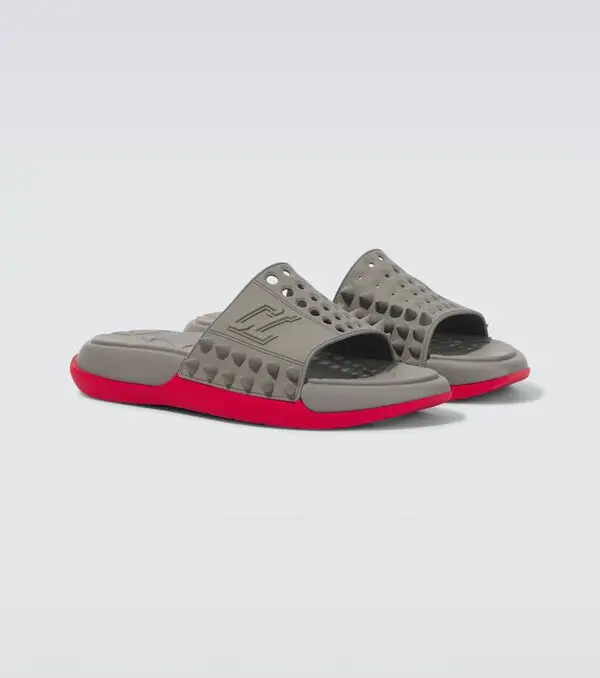 CHRISTIAN LOUBOUTIN Take It Easy Perforated Spiked Slides - Grey