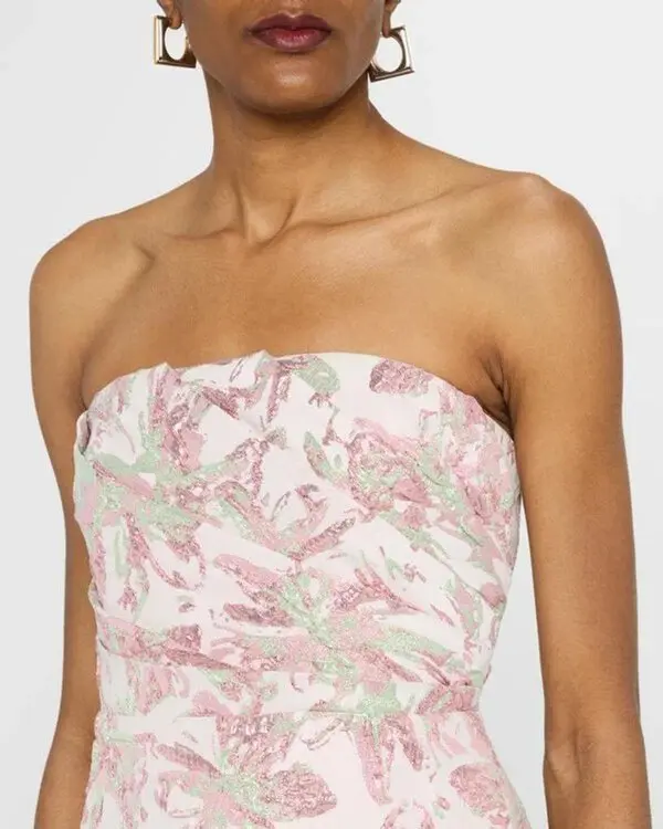 Badgley Mischka Strapless Pleated Jacquard Gown