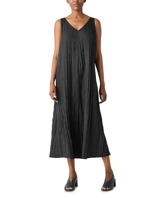 Eileen Fisher Crushed Silk Midi Dress - Black