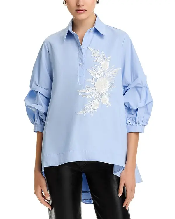 NANCY YANG Beaded Puffed Sleeve Top - Blue