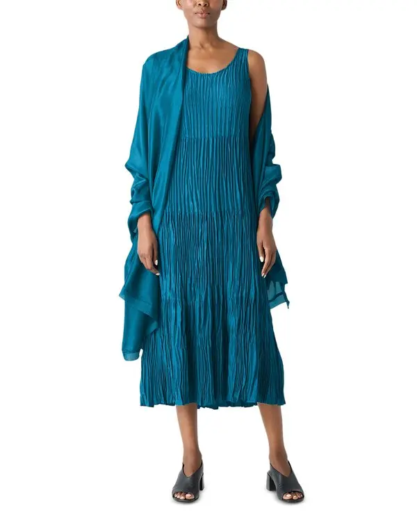 eileen fisher crushed silk jewel neck tiered dress Eileen Fisher Crushed Silk Tiered Midi Dress In Dragon Fly - 70% Off