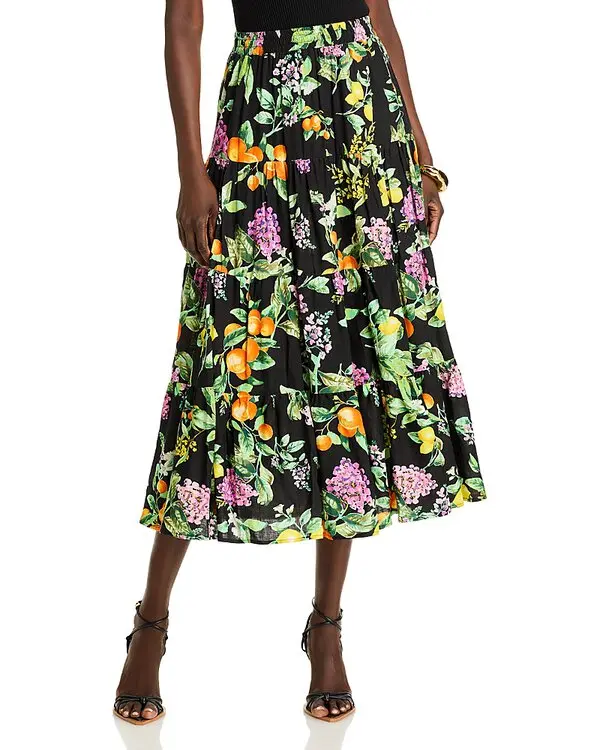 Aqua Fruit Print Midi Skirt - Black Multi