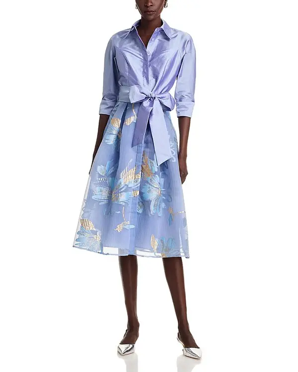 Rickie Freeman For Teri Jon Textured Taffeta Floral Jacquard Shirt Dress - Peri Winkle Multi