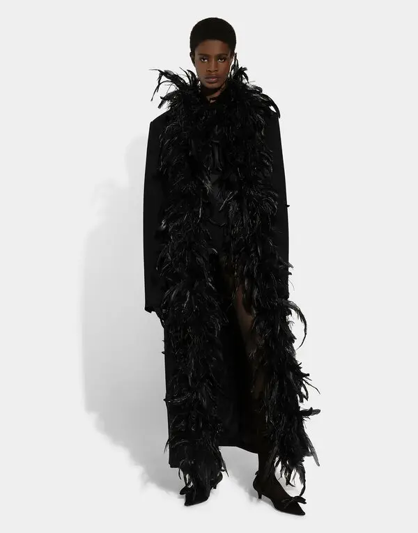 Dolce & Gabbana Double-breasted Wool Crepe Coat With Feather Embellishment