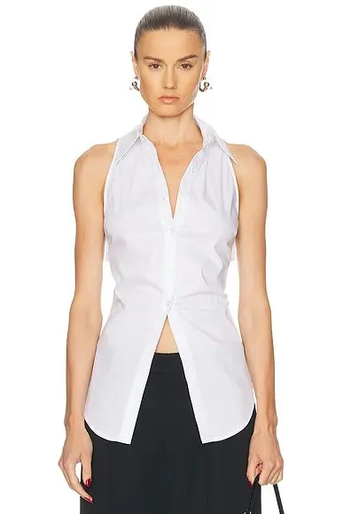 SIMONMILLER Sleeveless Poplin Button Up Top With Back Tie - Macadamia