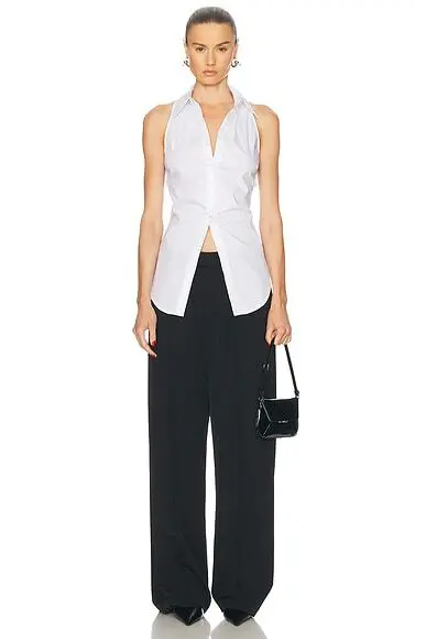 SIMONMILLER Sleeveless Poplin Button Up Top With Back Tie - Macadamia