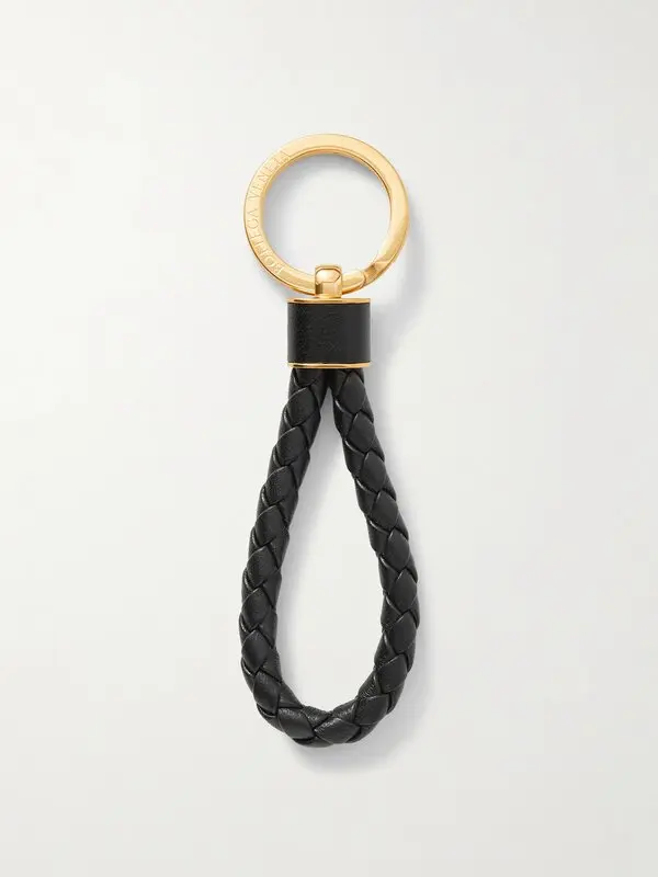Bottega Veneta Intrecciato Leather And Gold-tone Keyring - Black