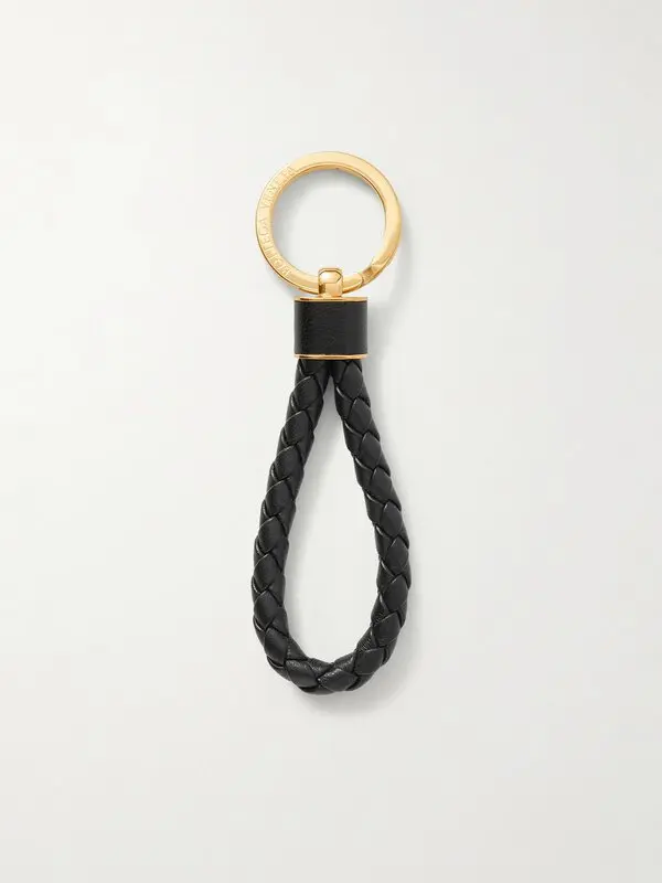 Bottega Veneta Intrecciato Leather And Gold-tone Keyring - Black
