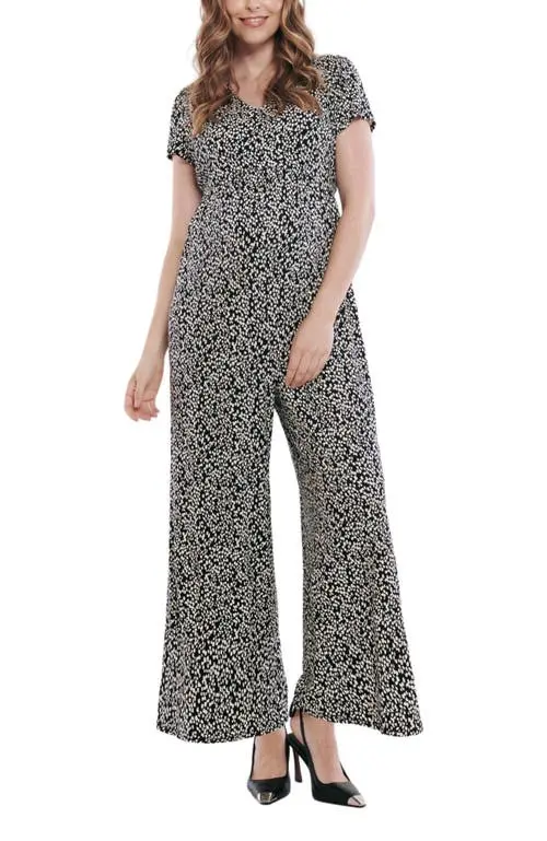 Motherhood Maternity Short Sleeve Flare Leg Jumpsuit - Black White Animal