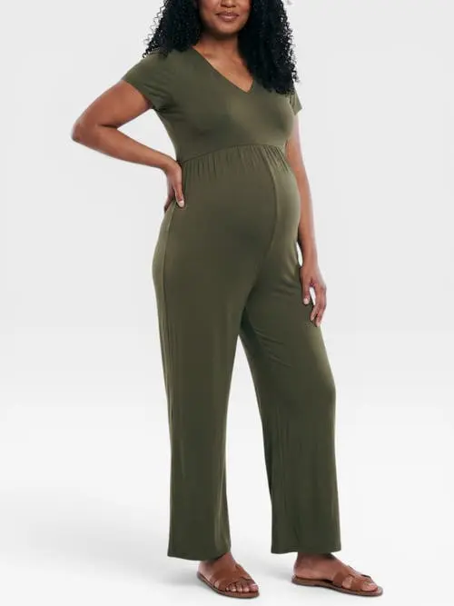 Motherhood Maternity Short Sleeve V-neck Jumpsuit With Flutter Sleeves And Belted Waist - Deep Depths
