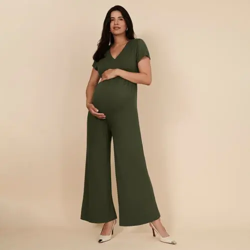 Motherhood Maternity Short Sleeve V-neck Jumpsuit With Flutter Sleeves And Belted Waist - Deep Depths