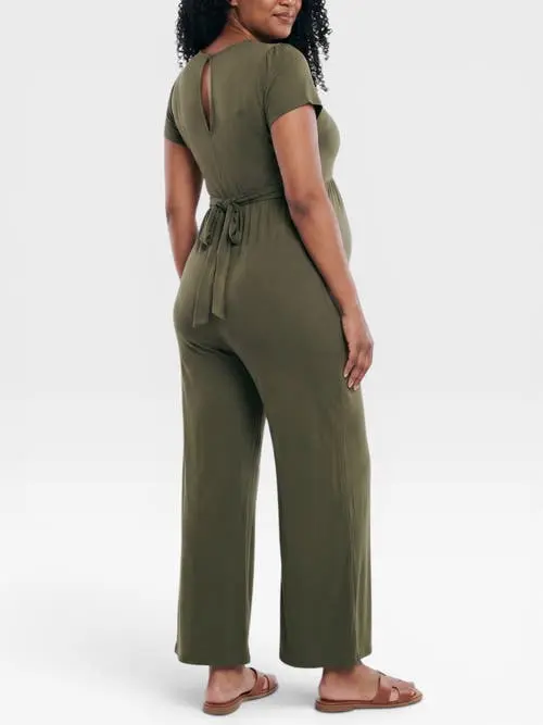 Motherhood Maternity Short Sleeve V-neck Jumpsuit With Flutter Sleeves And Belted Waist - Deep Depths