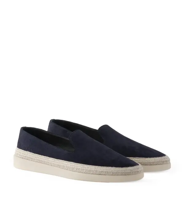 Prada Suede Loafers With Woven Trim - Blue