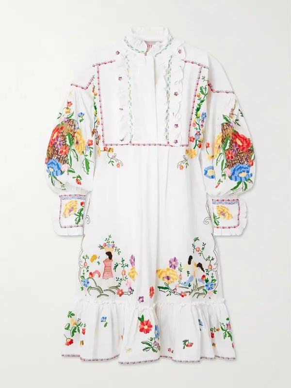 Valentino Garavani Ruffled Embroidered Cotton, Linen And Silk-blend Dress - White
