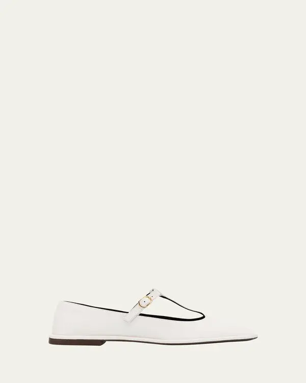 THE ROW Leather T-strap Ballerina Flats - White
