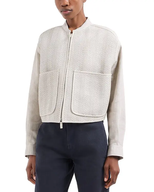 Emporio Armani Woven Nappa Leather & Linen Bomber Jacket