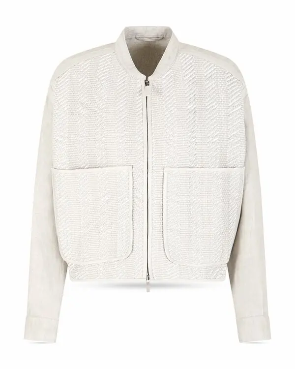 Emporio Armani Woven Nappa Leather & Linen Bomber Jacket