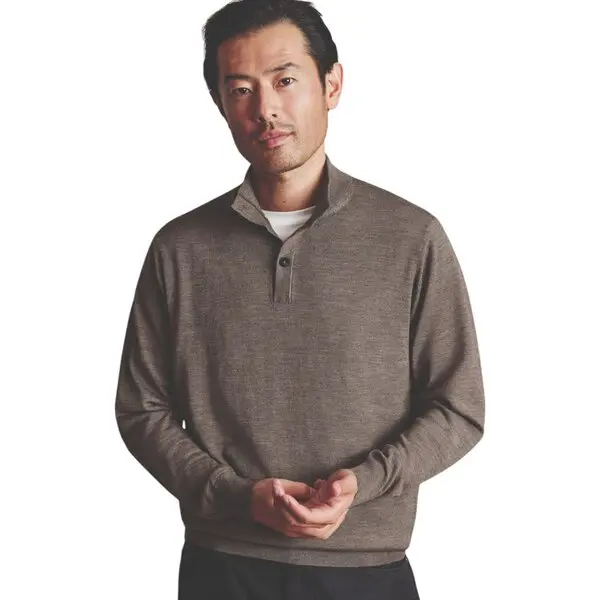 CHARLES TYRWHITT Pure Merino Button Neck Sweater - Mocha