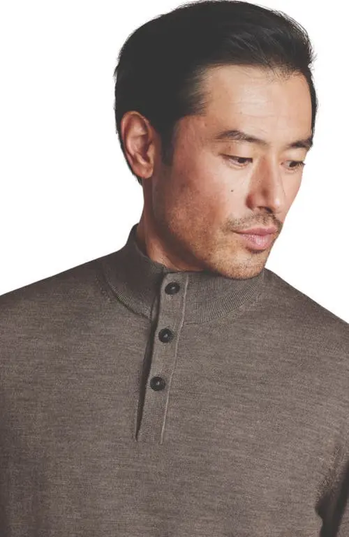 CHARLES TYRWHITT Pure Merino Button Neck Sweater - Mocha