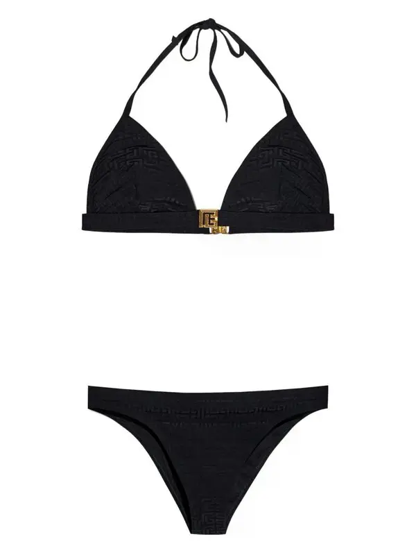 Balmain Logo Plaque Halterneck Bikini - Black
