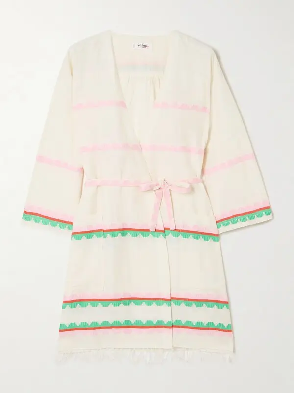 LEMLEM Imani Belted Fringed Striped Cotton Coverup - Neutrals