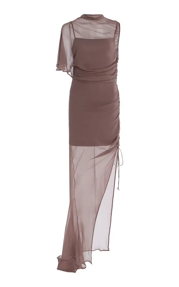 DE LA VALI Asymmetric Silk-chiffon Maxi Dress - Brown