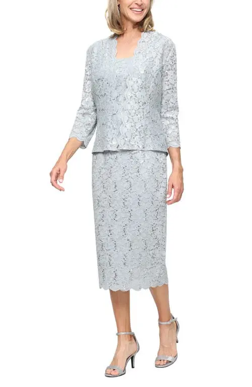 SL FASHIONS Lace Sequin Detail Dress & Jacket 2-piece Set - Sage