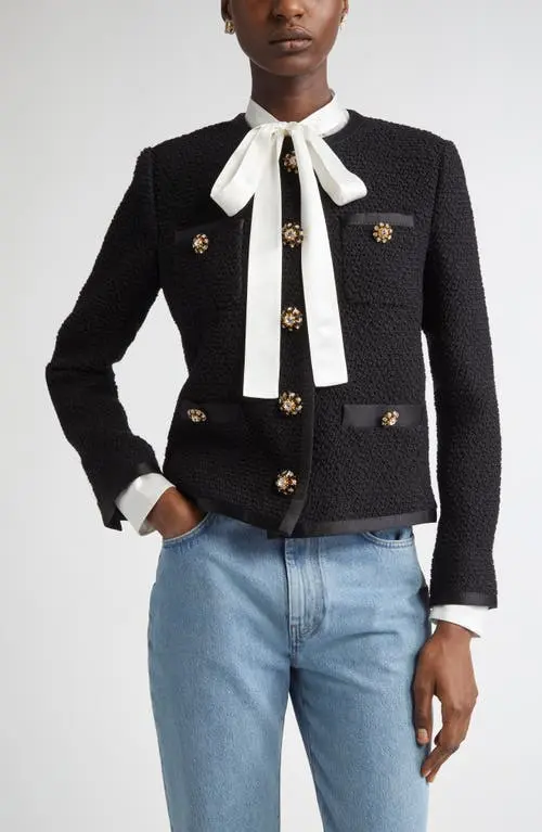 Dolce & Gabbana Bejeweled Button Crop Bouclé Tweed Jacket - Nero