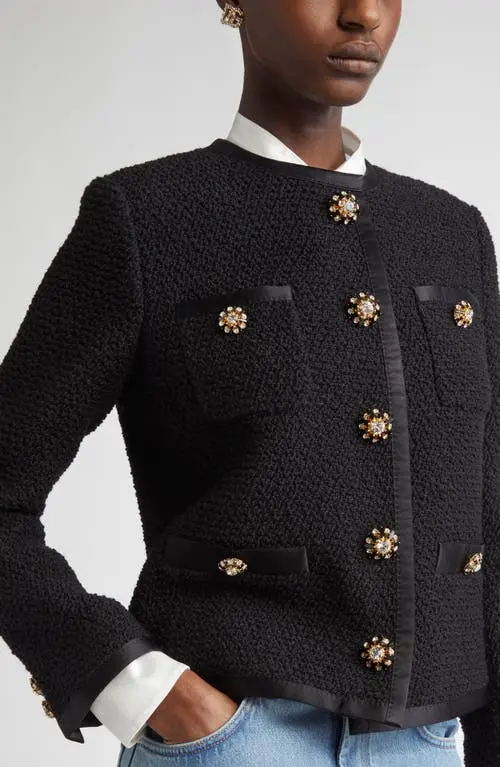 Dolce & Gabbana Bejeweled Button Crop Bouclé Tweed Jacket - Nero