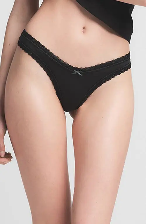SKIMS Lightweight Cotton Lace Trim Thong - Soot Tonal