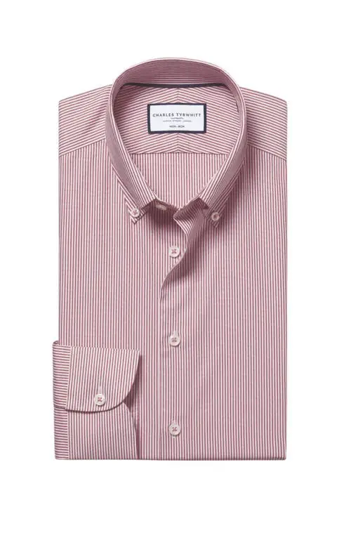 CHARLES TYRWHITT Non-iron Stretch Pinpoint Oxford Stripe Shirt - Maroon Red