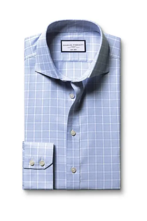 CHARLES TYRWHITT Non-iron Twill Check Shirt - Sky Blue