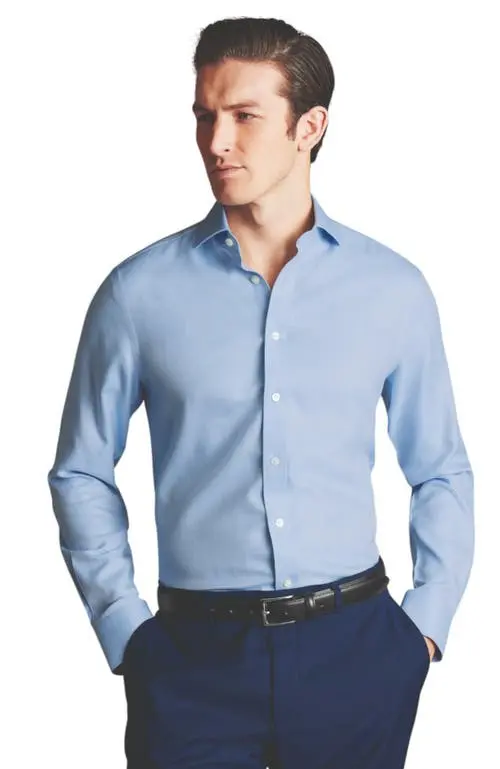 CHARLES TYRWHITT Cutaway Collar Non-iron Herringbone Shirt - Blue