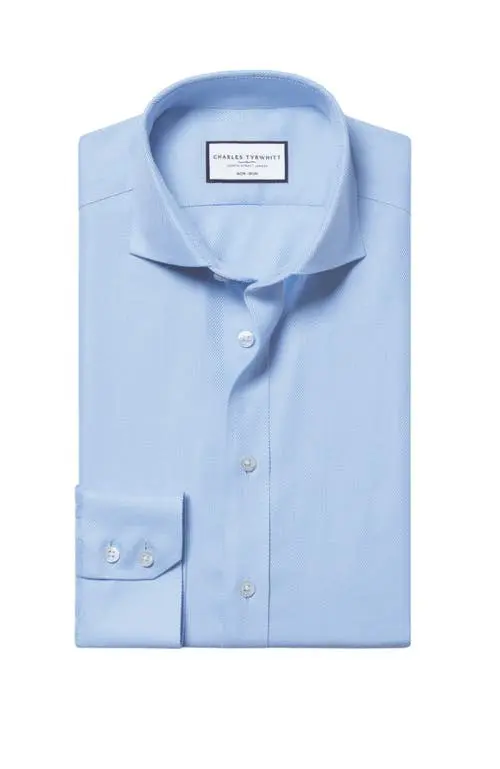 CHARLES TYRWHITT Cutaway Collar Non-iron Herringbone Shirt - Blue
