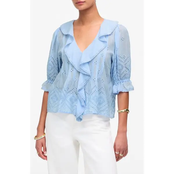 Madewell Pintuck Ruffle Puff-sleeve Top - Light Pool