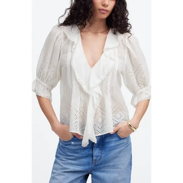 Madewell Pintuck Ruffle Puff-sleeve Top - White