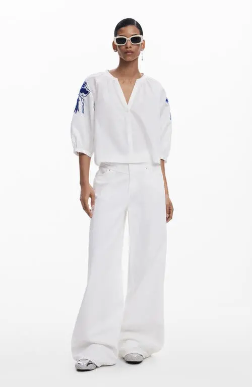 Desigual Beaded Puff Sleeve Crop Shirt