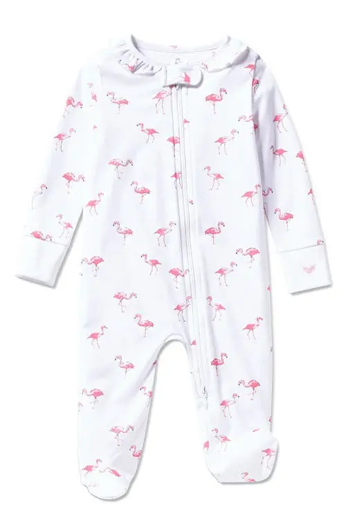 PETITE PLUME Flamingo Print Pima Cotton Footie - White