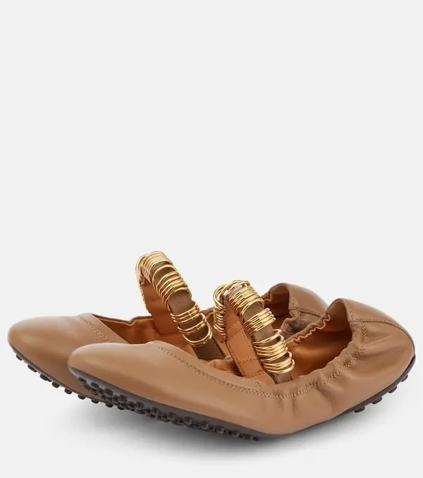TOD'S Embellished Leather Mary Jane Flats - Brown