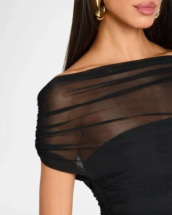 SEROYA Bella Ruched Mesh Mini Dress - Black