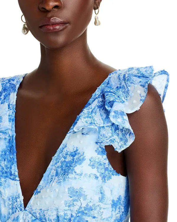 Aqua Toile Ruffle Trim Dress