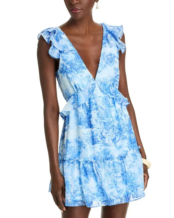 Aqua Toile Ruffle Trim Dress