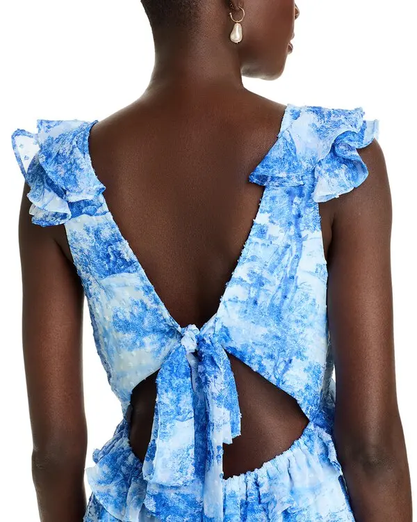 Aqua Toile Ruffle Trim Dress